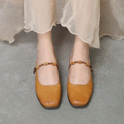 HZM013 Single Shoes Women'S Fall/Winter New Style First Layer Cowhide Square Toe Thick-Heeled Leather Women'S Shoes Fash