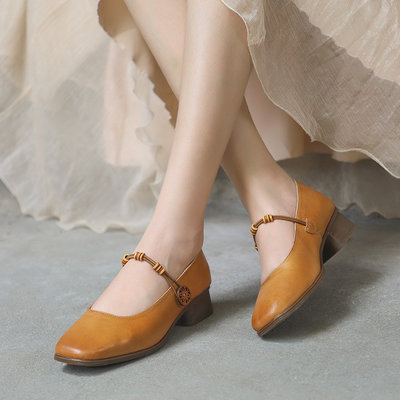 HZM013 Single Shoes Women'S Fall/Winter New Style First Layer Cowhide Square Toe Thick-Heeled Leather Women'S Shoes Fash