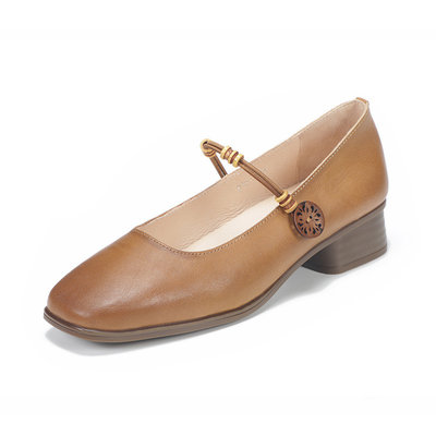 HZM013 Single Shoes Women'S Fall/Winter New Style First Layer Cowhide Square Toe Thick-Heeled Leather Women'S Shoes Fash
