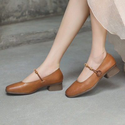 HZM013 Single Shoes Women'S Fall/Winter New Style First Layer Cowhide Square Toe Thick-Heeled Leather Women'S Shoes Fash