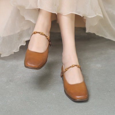 HZM013 Single Shoes Women'S Fall/Winter New Style First Layer Cowhide Square Toe Thick-Heeled Leather Women'S Shoes Fash