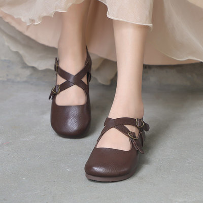 HZM015 Women'S Shoes Autumn And Winter New Style Genuine Leather Thick Heel Baotou Women'S Single Shoes Temperament Vers