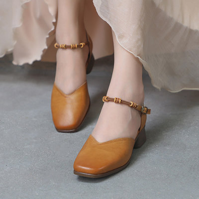 HZM015 Women'S Shoes Autumn And Winter New Style Genuine Leather Thick Heel Baotou Women'S Single Shoes Temperament Vers