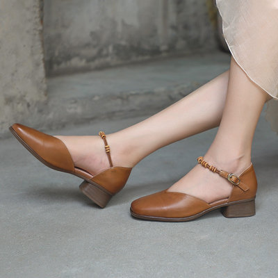 HZM015 Women'S Shoes Autumn And Winter New Style Genuine Leather Thick Heel Baotou Women'S Single Shoes Temperament Vers