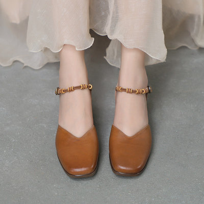 HZM015 Women'S Shoes Autumn And Winter New Style Genuine Leather Thick Heel Baotou Women'S Single Shoes Temperament Vers