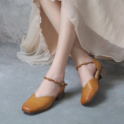 HZM015 Women'S Shoes Autumn And Winter New Style Genuine Leather Thick Heel Baotou Women'S Single Shoes Temperament Vers