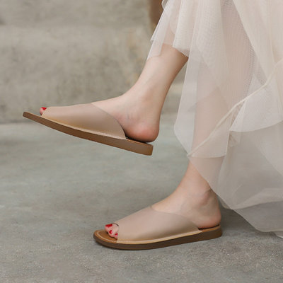 HZM017 Summer Sandals, Semi-Supporting Classic Retro Sandals, Leather Handmade Open-Toed Slippers, Literary Women'S Shoe