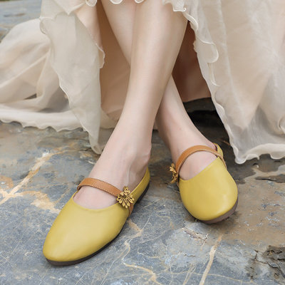 HZM019 Slippers, Women'S Literary Temperament, Flat-Bottomed, Versatile, Soft-Soled Sandals And Slippers, Leather Back E