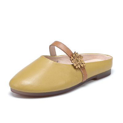 HZM019 Slippers, Women'S Literary Temperament, Flat-Bottomed, Versatile, Soft-Soled Sandals And Slippers, Leather Back E
