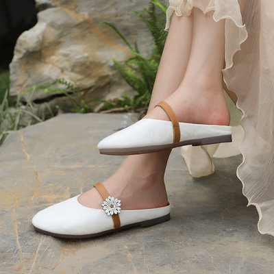 HZM019 Slippers, Women'S Literary Temperament, Flat-Bottomed, Versatile, Soft-Soled Sandals And Slippers, Leather Back E