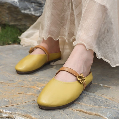 HZM019 Slippers, Women'S Literary Temperament, Flat-Bottomed, Versatile, Soft-Soled Sandals And Slippers, Leather Back E