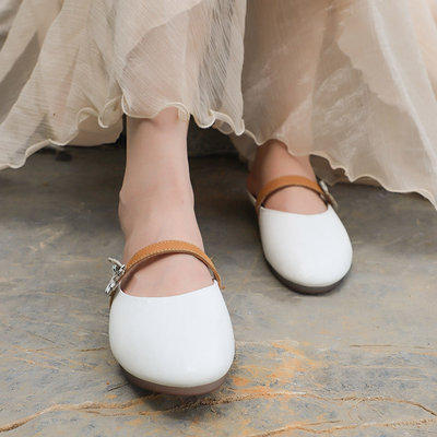 HZM019 Slippers, Women'S Literary Temperament, Flat-Bottomed, Versatile, Soft-Soled Sandals And Slippers, Leather Back E