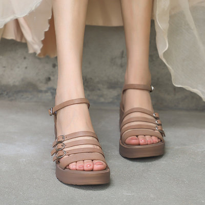 HZM020 Sandals, Women'S Leather Slope With Women'S Sandals, Casual All-Match Word Belt Buckle, Women'S Sandals, Leather