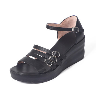 HZM020 Sandals, Women'S Leather Slope With Women'S Sandals, Casual All-Match Word Belt Buckle, Women'S Sandals, Leather