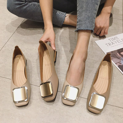 HZM023 Thick Heel Single Shoes Women Low Heel Shallow Mouth Mary Jane Women'S Shoes New Peas Shoes Square Toe Flat Shoes