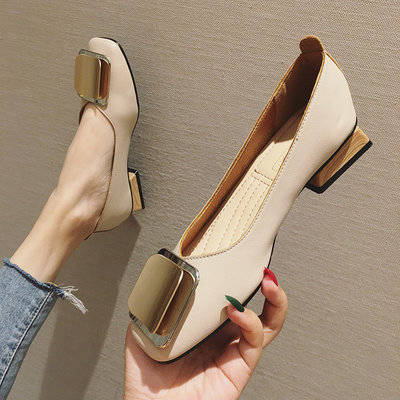 HZM023 Thick Heel Single Shoes Women Low Heel Shallow Mouth Mary Jane Women'S Shoes New Peas Shoes Square Toe Flat Shoes