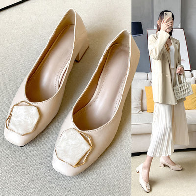 HZM024 High-Heeled Shoes Women'S Autumn 2021 New Korean Version Of Grandma Shoes Women'S Square Toe Temperament Soft Lea