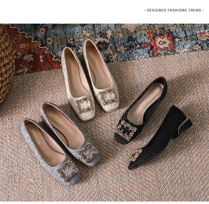 HZM026 Square-Toe Thick-Heeled Single Shoes Women 2021 New Autumn Simple Folds All-Match Shallow Mouth Mid-Heeled Grandm
