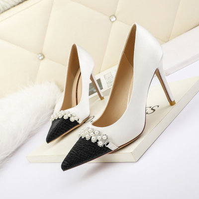 8333-5 Sexy Pointed Toe Color Matching High Heels Rhinestones Were Thin Beaded Women'S Single Shoes Net Celebrity Banque