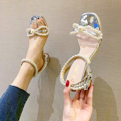 YTH005 Customized 2021 New Summer Word With Mid-Heel Silver Pearl Bow Thick Heel Sandals Female Fairy Style High Heels