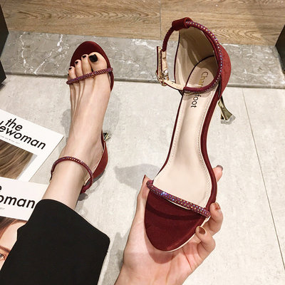 YTH006 Sandals Female New Summer Net Red All-Match Stiletto Buckle Sexy Mid-Heel Rhinestone 6cm High Heels