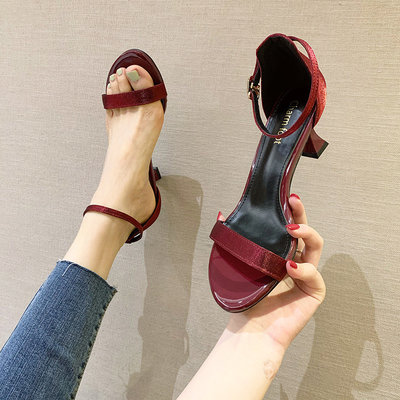 YTH007 Fashion All-Match High-Heeled Shoes Female Buckle Sandals Sexy Stiletto Summer Net Red