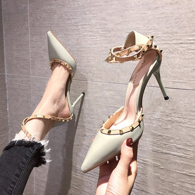YTH011 Sandals Female New Summer Baotou Fine-Heeled Rivet Fashion High-Heeled Shoes Sexy Pointed Toe Female Word With Ve