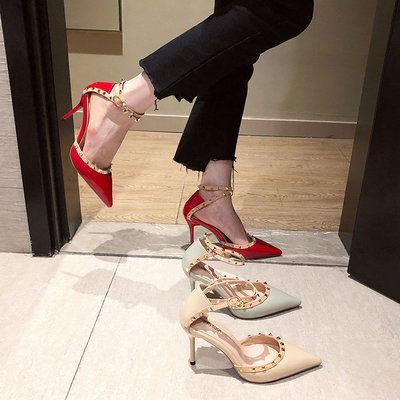 YTH011 Sandals Female New Summer Baotou Fine-Heeled Rivet Fashion High-Heeled Shoes Sexy Pointed Toe Female Word With Ve