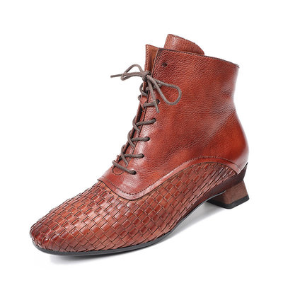 HZM027 Real Cowhide Women'S Martin Boots Autumn And Winter New Fashion Short Boots Casual Wild Woven Leather Boots Smoke