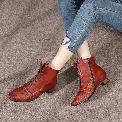 HZM027 Real Cowhide Women'S Martin Boots Autumn And Winter New Fashion Short Boots Casual Wild Woven Leather Boots Smoke