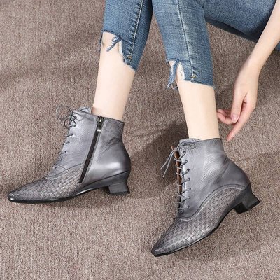HZM027 Real Cowhide Women'S Martin Boots Autumn And Winter New Fashion Short Boots Casual Wild Woven Leather Boots Smoke