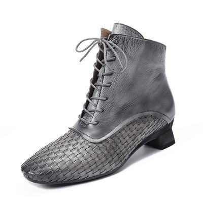 HZM027 Real Cowhide Women'S Martin Boots Autumn And Winter New Fashion Short Boots Casual Wild Woven Leather Boots Smoke
