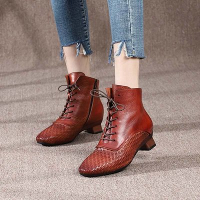 HZM027 Real Cowhide Women'S Martin Boots Autumn And Winter New Fashion Short Boots Casual Wild Woven Leather Boots Smoke