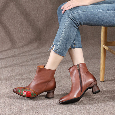 HZM031 Leather Boots Pointed Toe Temperament Handmade Women'S Boots With Thin And Thin Boots Women'S Thin Martin Boots L