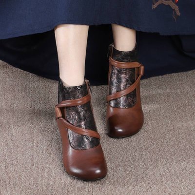 HZM032 Retro printed leather women's shoes autumn and winter new ethnic style thick heel boots children's niche retro le