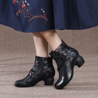 HZM032 Retro printed leather women's shoes autumn and winter new ethnic style thick heel boots children's niche retro le