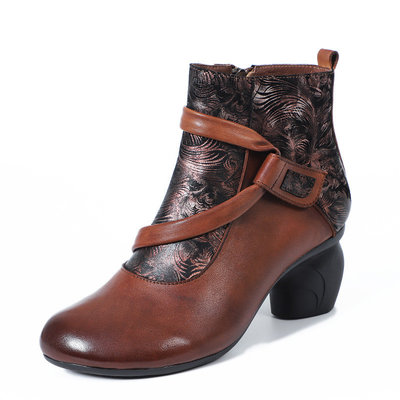 HZM032 Retro printed leather women's shoes autumn and winter new ethnic style thick heel boots children's niche retro le
