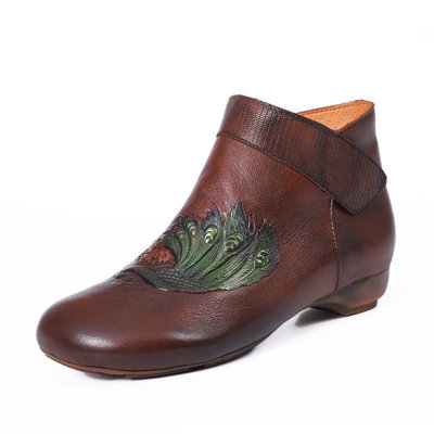 HZM033 Original Folk Style Retro Women'S Boots Autumn And Winter New Style Peacock Embossed Retro Women'S Shoes, Top Lay