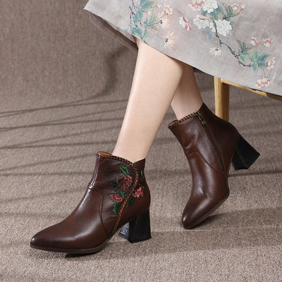 HZM034 Ethnic Style Retro Women'S Boots Autumn And Winter New Leather Women'S Shoes Boots Original Embroidery Thick Heel