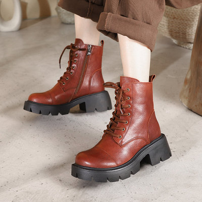 HZM038 Leather Women'S Boots Mid-Tube Boots Winter New Style Plus Velvet Warm First Layer Cowhide Motorcycle Boots Round
