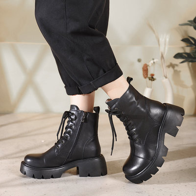 HZM038 Leather Women'S Boots Mid-Tube Boots Winter New Style Plus Velvet Warm First Layer Cowhide Motorcycle Boots Round