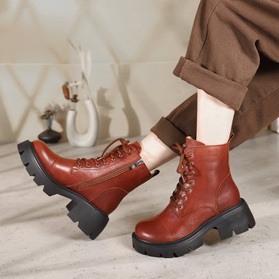 HZM038 Leather Women'S Boots Mid-Tube Boots Winter New Style Plus Velvet Warm First Layer Cowhide Motorcycle Boots Round
