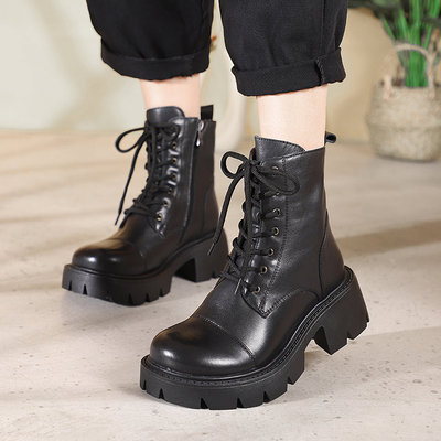 HZM038 Leather Women'S Boots Mid-Tube Boots Winter New Style Plus Velvet Warm First Layer Cowhide Motorcycle Boots Round