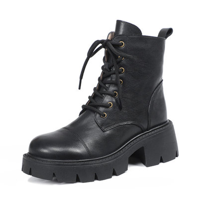 HZM038 Leather Women'S Boots Mid-Tube Boots Winter New Style Plus Velvet Warm First Layer Cowhide Motorcycle Boots Round