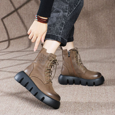 HZM039 Leather Hint Boots Female Ultra-Light Bottom Layer Leather Martin Boots Warm Mary Tube Boots Children Retrostic I