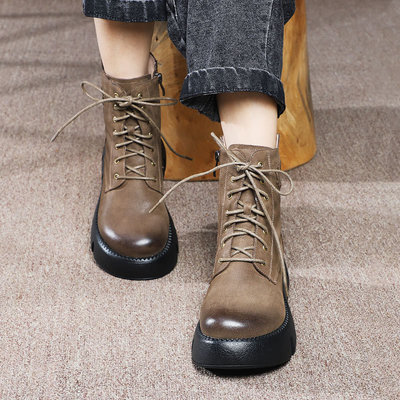 HZM039 Leather Hint Boots Female Ultra-Light Bottom Layer Leather Martin Boots Warm Mary Tube Boots Children Retrostic I