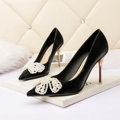 7123-3 Fashion Pointed Shallow Mouth High Heels Nightclub Thin Sexy Single Shoes Net Red Butterfly Pearl Women'S Shoes