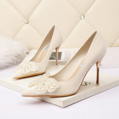 7123-3 Fashion Pointed Shallow Mouth High Heels Nightclub Thin Sexy Single Shoes Net Red Butterfly Pearl Women'S Shoes