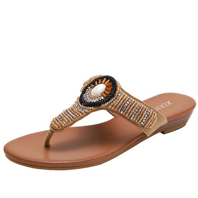 BS162 588-1 Flip-On Beach Shoes Slippers New Summer Fashion Outer Wearing Seaside Ethnic Wind Slope With Rhinestone Sand