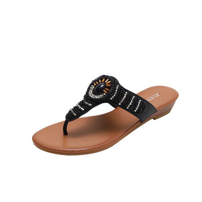 BS162 588-1 Flip-On Beach Shoes Slippers New Summer Fashion Outer Wearing Seaside Ethnic Wind Slope With Rhinestone Sand